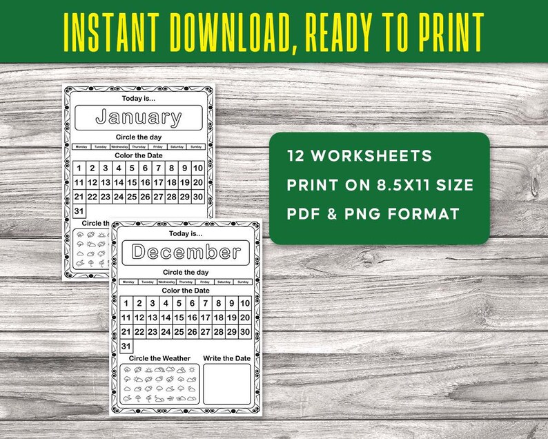 12 Preschool Calendar Worksheet: Month, Day, Date & Weather Practice ...