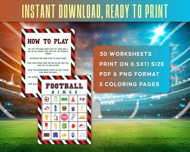 Football Bingo Game Printable - 30 Unique Football Bingo Cards With ...