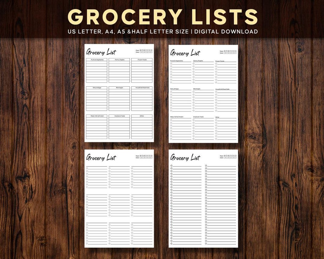 Grocery List Template | Printable Shopping List | 4 Sizes & 4 Designs ...