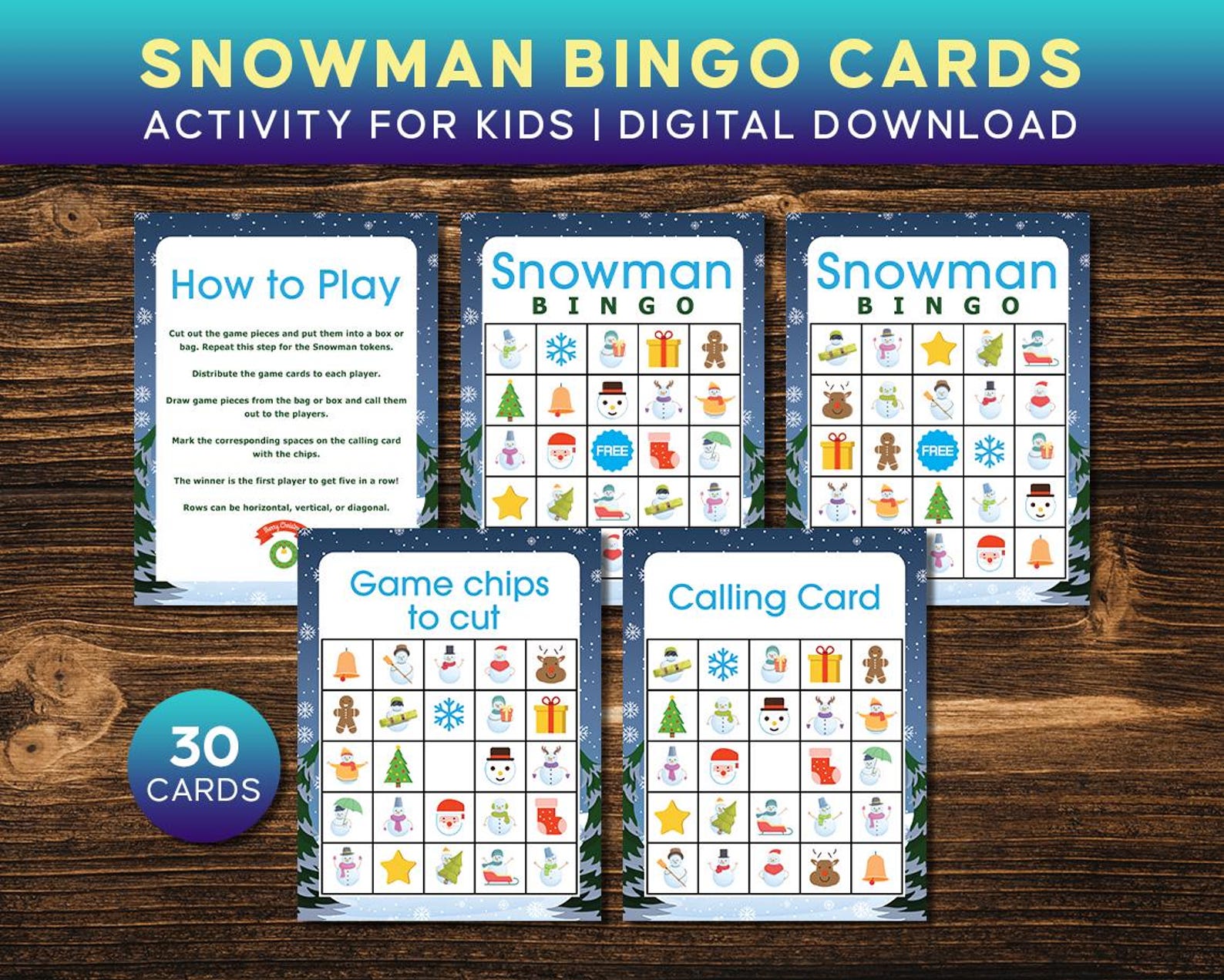 Snowman Bingo Game Printable - 30 Snowman Bingo Cards With Bonus ...