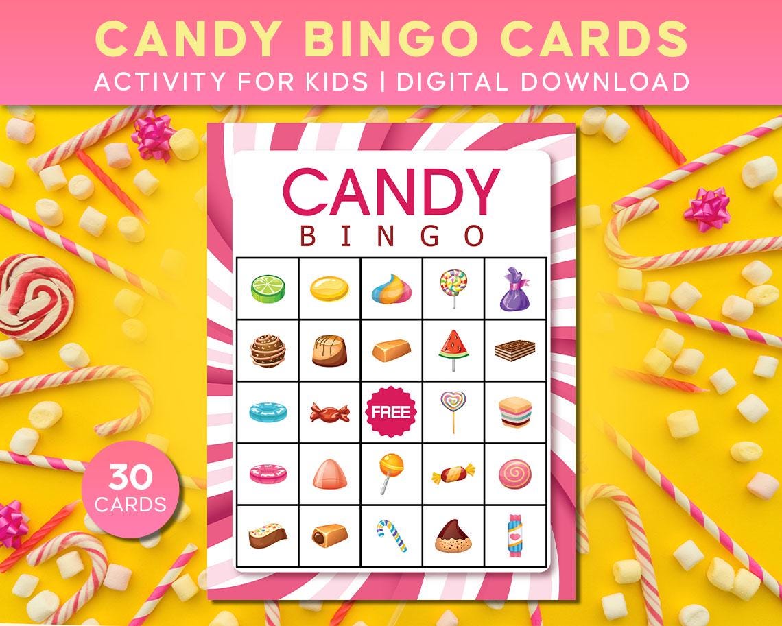 Candy Bingo Game Printable - 30 Unique Candy Bingo Cards With Bonus ...