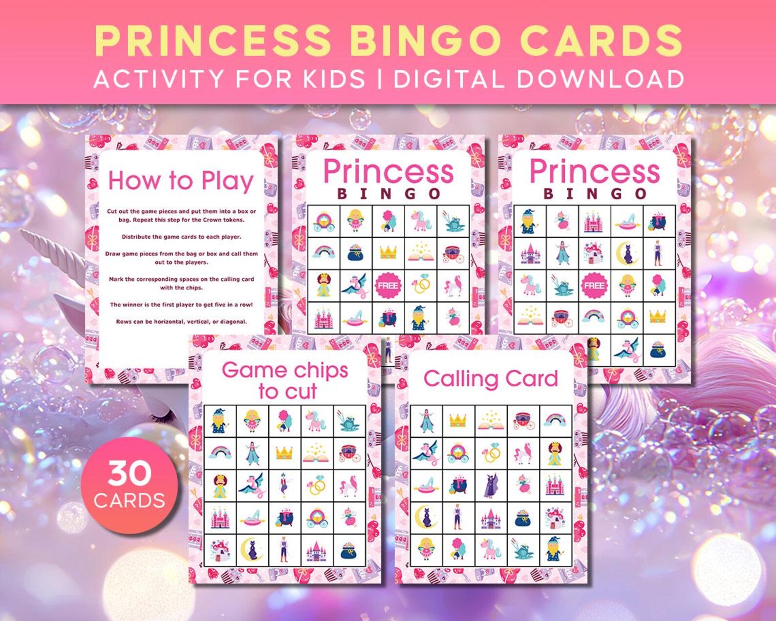 Princess Bingo Game Printable - 30 Unique Princess Bingo Cards + Bonus ...