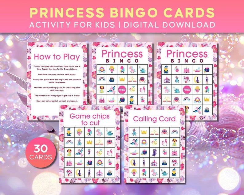 Princess Bingo Game Printable - 30 Unique Princess Bingo Cards + Bonus ...