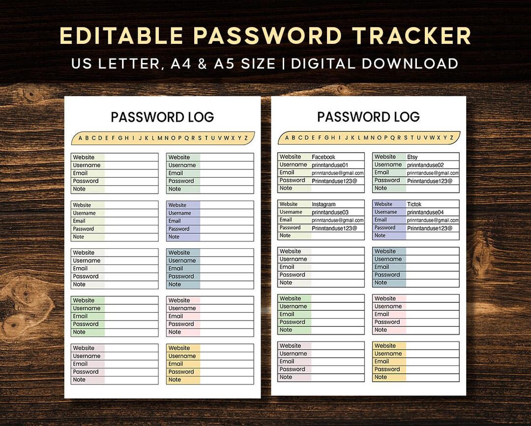 Editable Password Tracker – Printable Password Organizer | A4, Letter ...