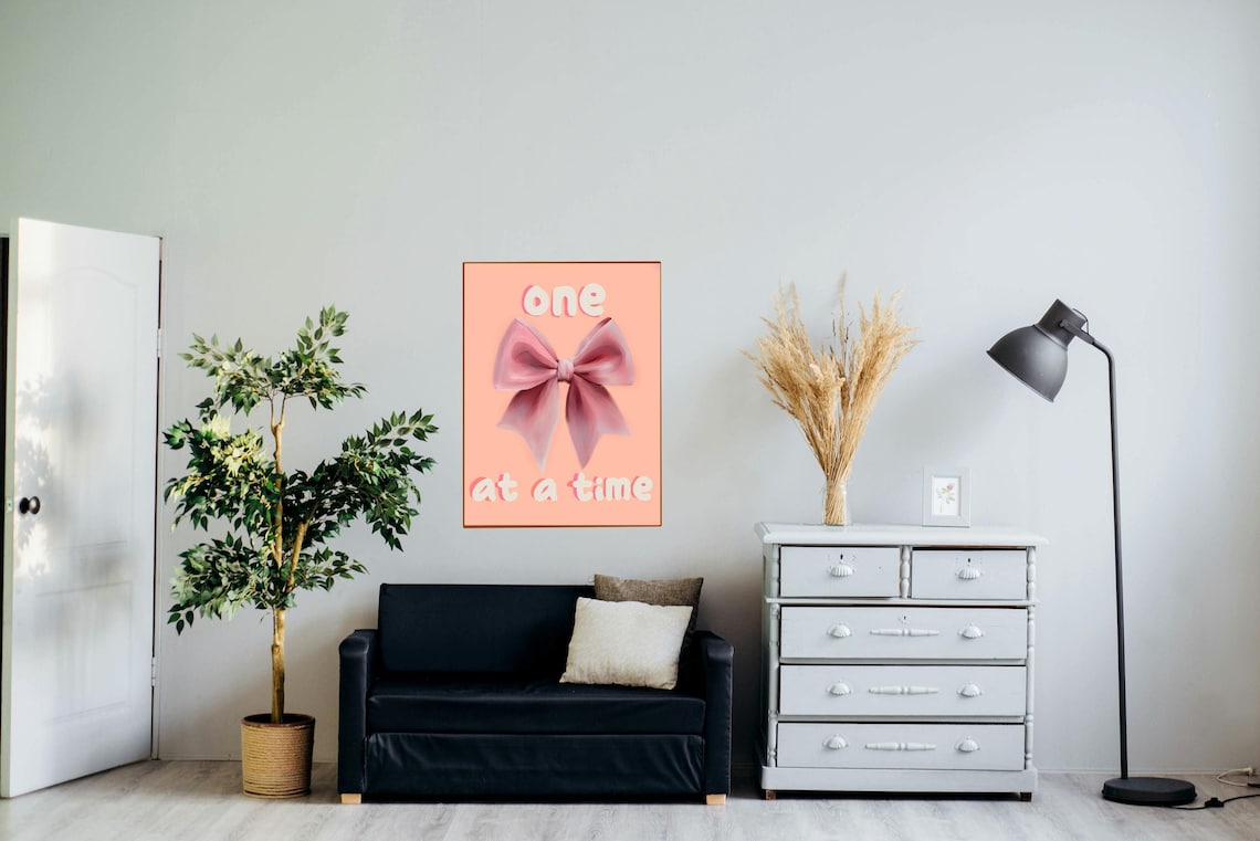 Cute Pink Bow Poster, Flirty Bedroom Decor, Pink Kid Wall Art, French ...
