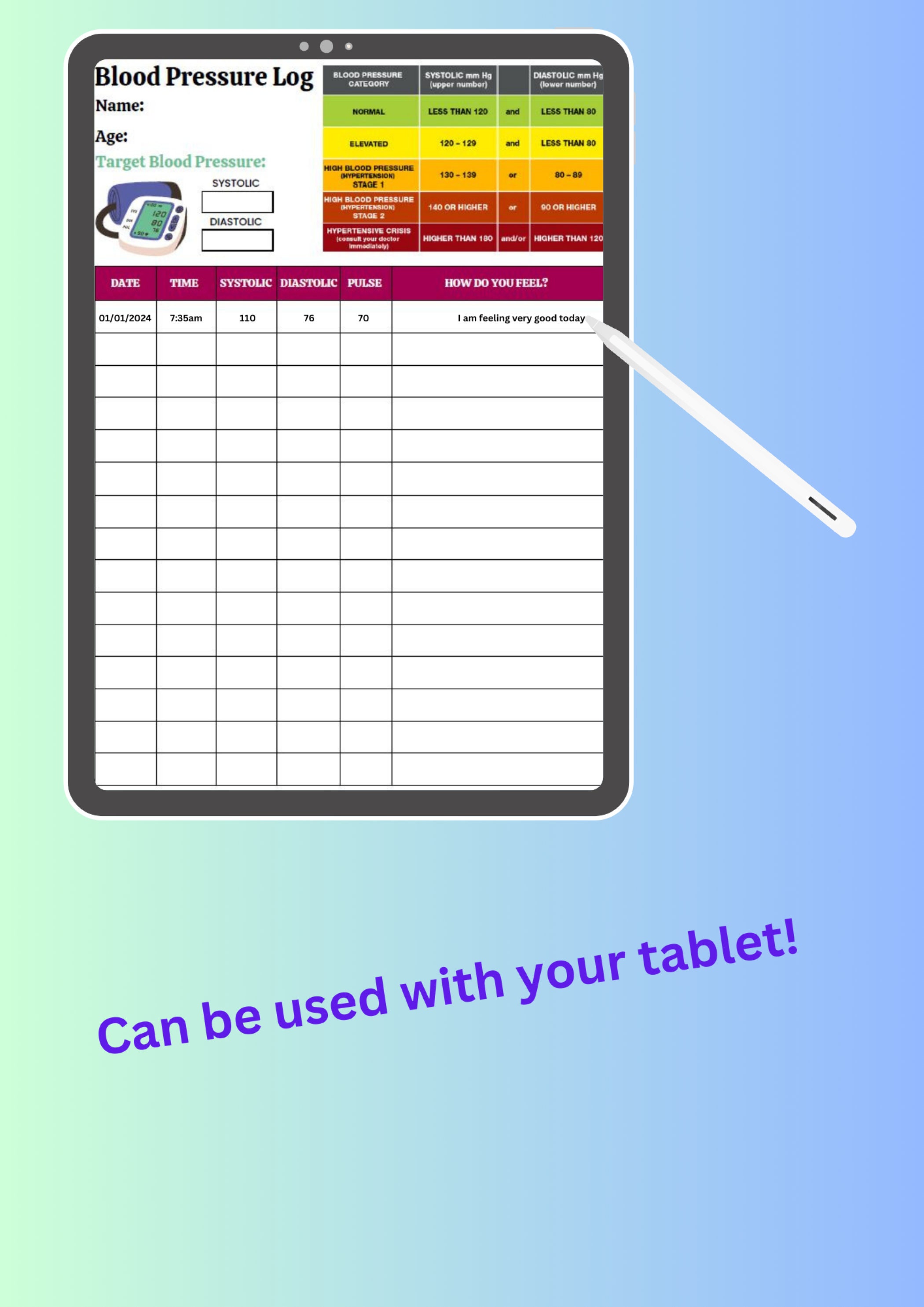 Blood Pressure Log | Monitor Blood Pressure | Healthy Living | Health ...