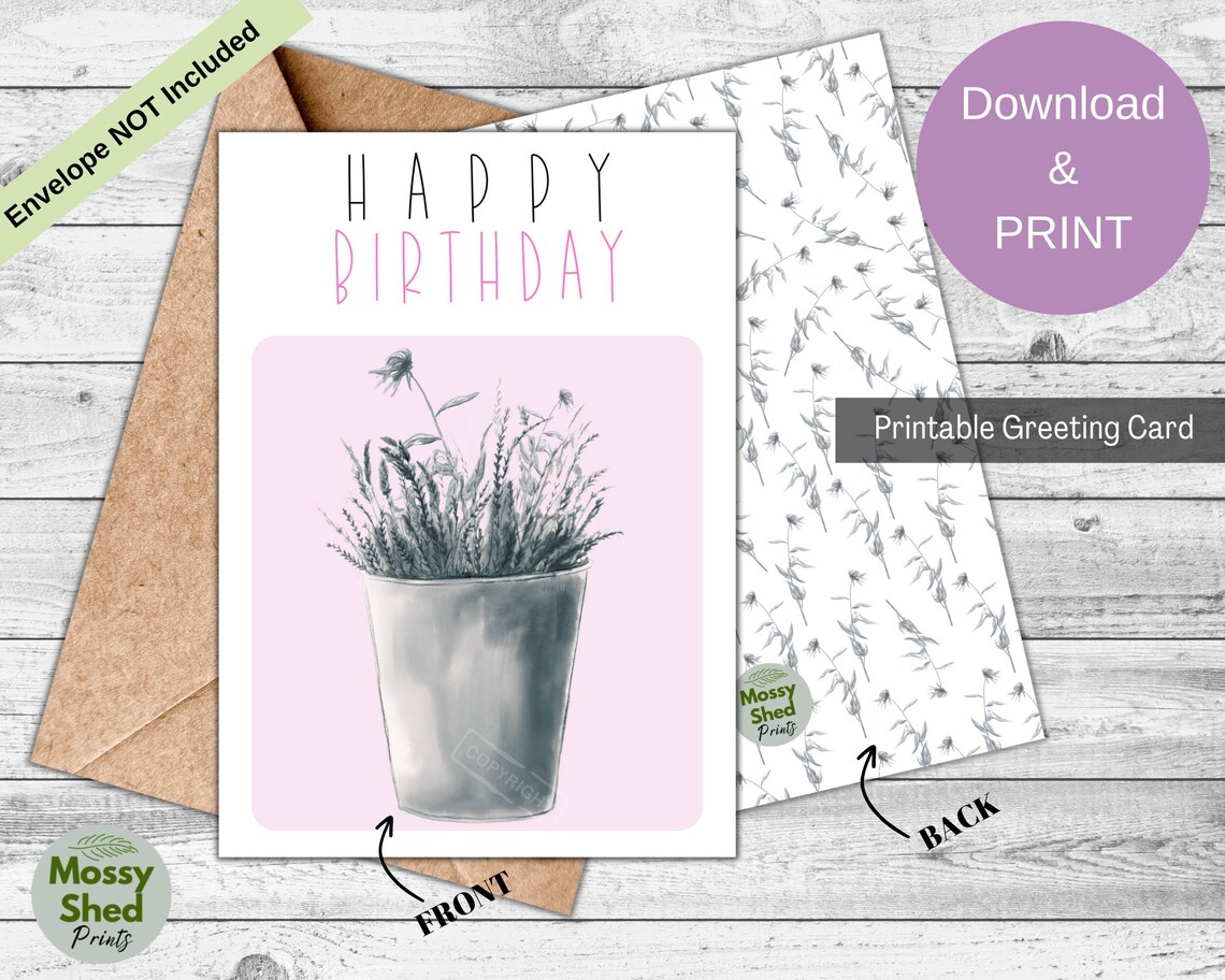 Printable Birthday Day Card, Digital Download, Happy Birthday, Floral ...