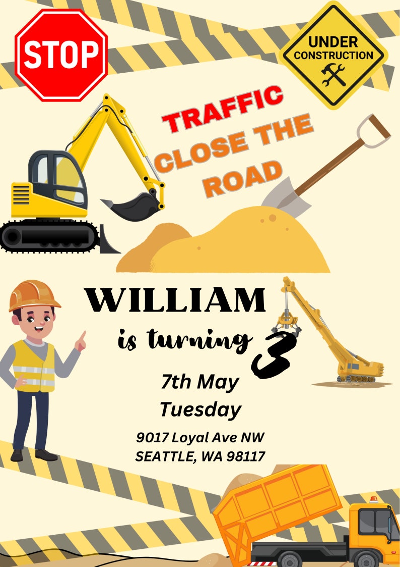 Editable Construction Birthday Invitation Boy, Stop the Traffic Close ...