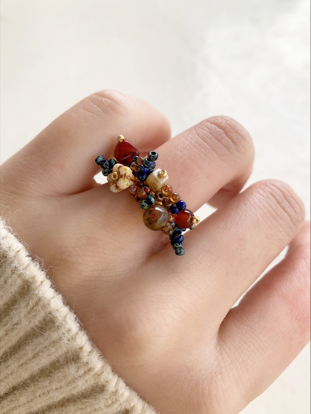 Vintage Stacking Ring Oil Painting Style Beaded Gold Ring Handmade ...