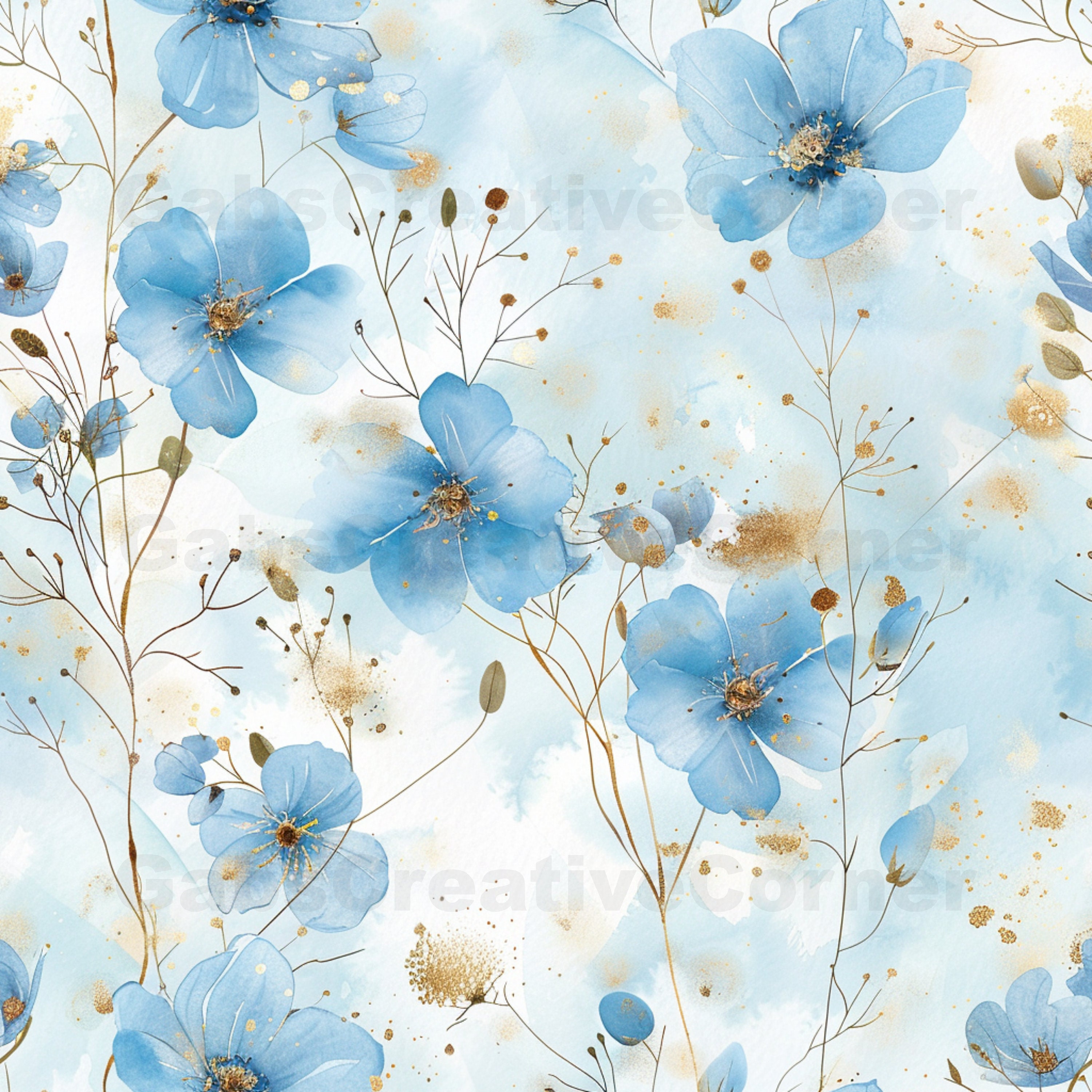 4 Seamless Blue and Gold Flower Pattern Bundle Instant Digital Download ...