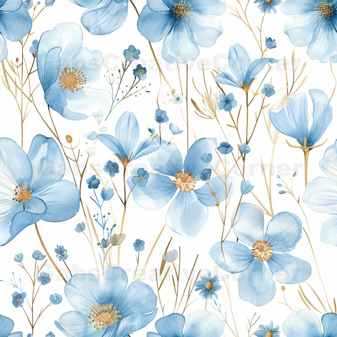 4 Seamless Blue and Gold Flower Pattern Bundle Instant Digital Download ...