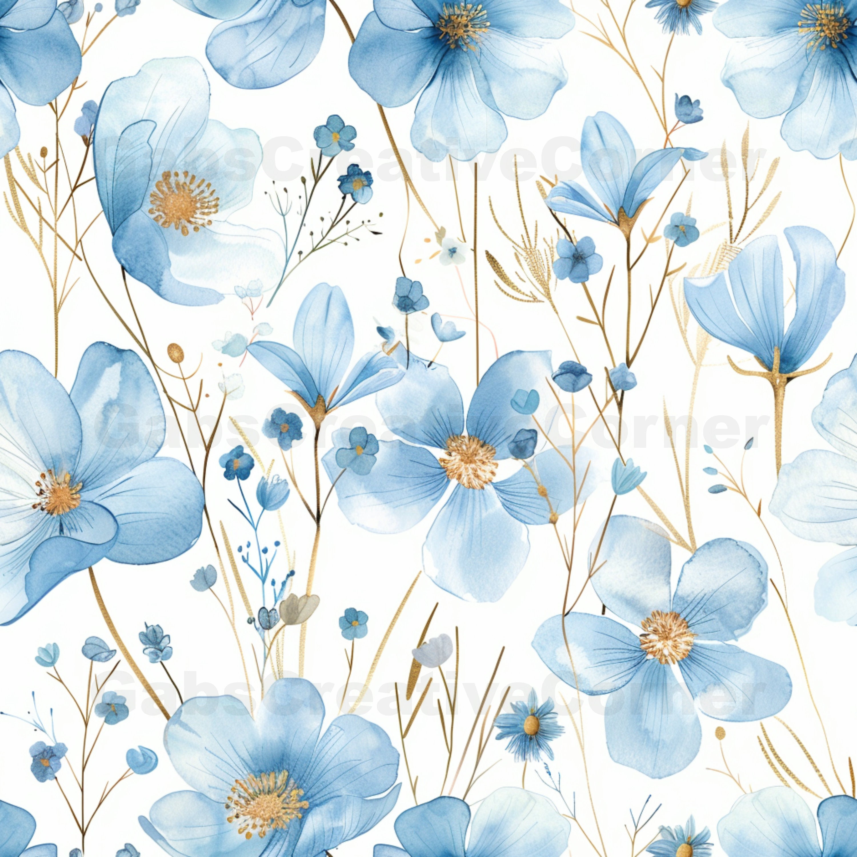 4 Seamless Blue and Gold Flower Pattern Bundle Instant Digital Download ...