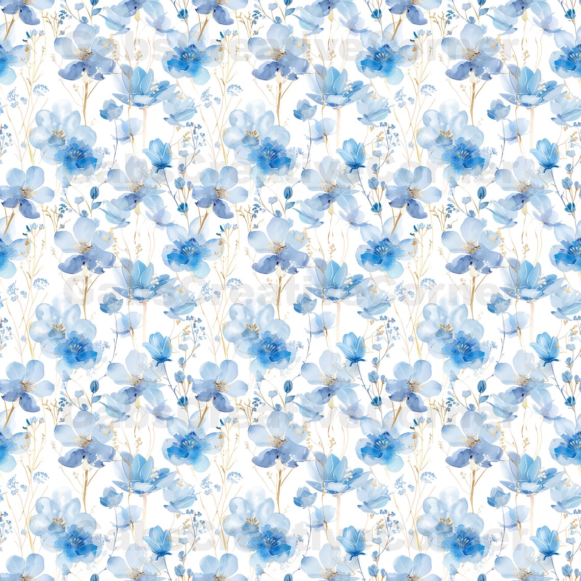 4 Seamless Blue and Gold Flower Pattern Bundle Instant Digital Download ...
