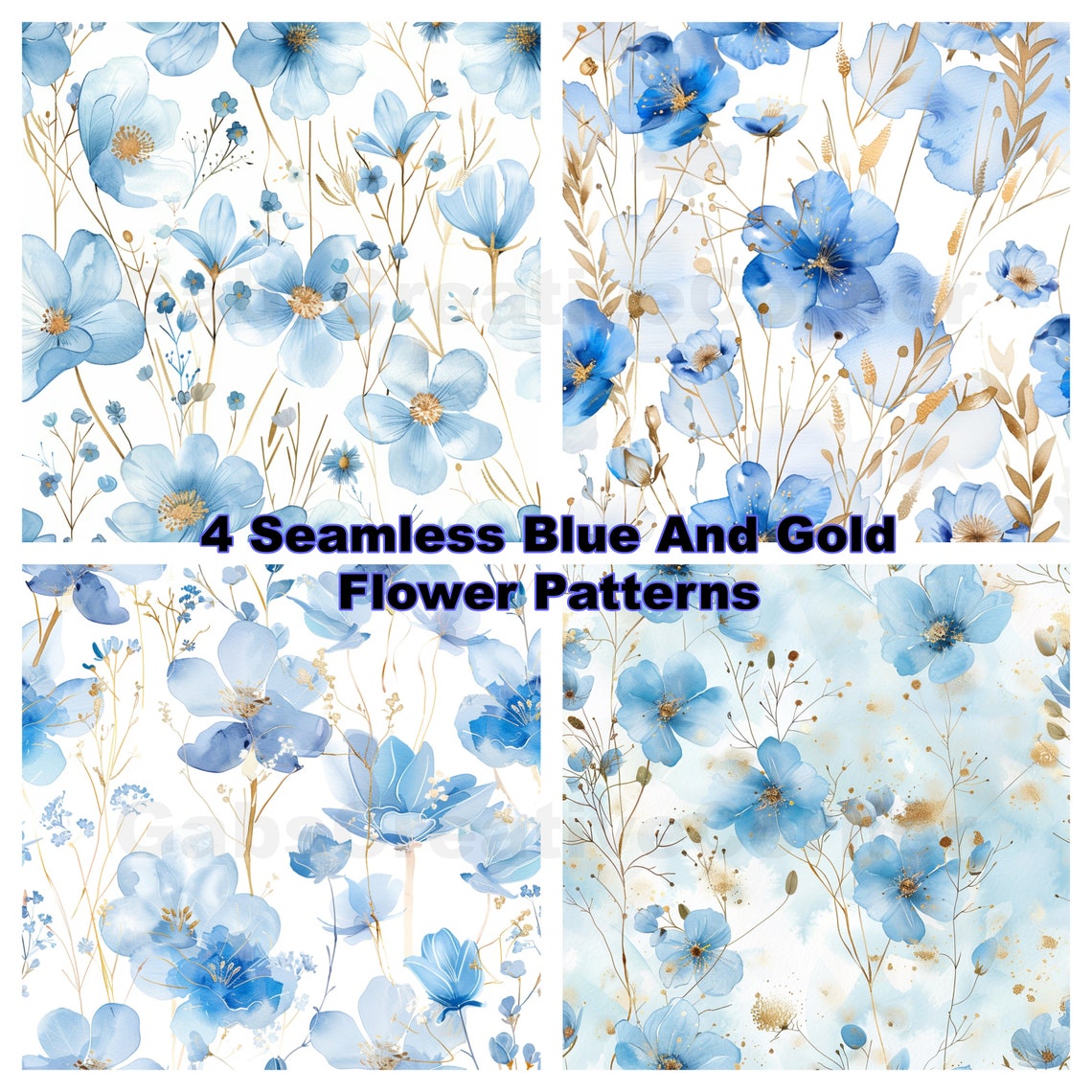 4 Seamless Blue and Gold Flower Pattern Bundle Instant Digital Download ...