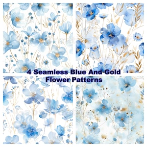 4 Seamless Blue and Gold Flower Pattern Bundle Instant Digital Download ...