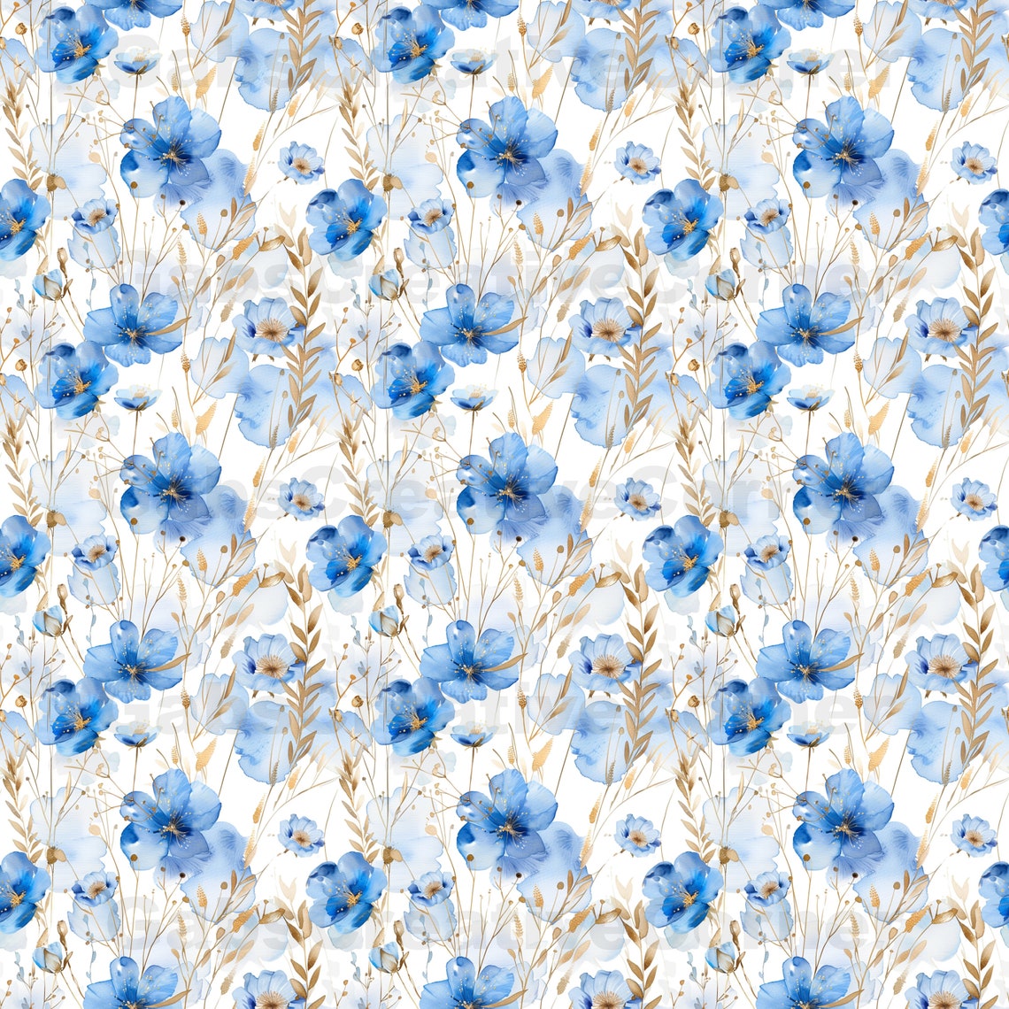 4 Seamless Blue and Gold Flower Pattern Bundle Instant Digital Download ...
