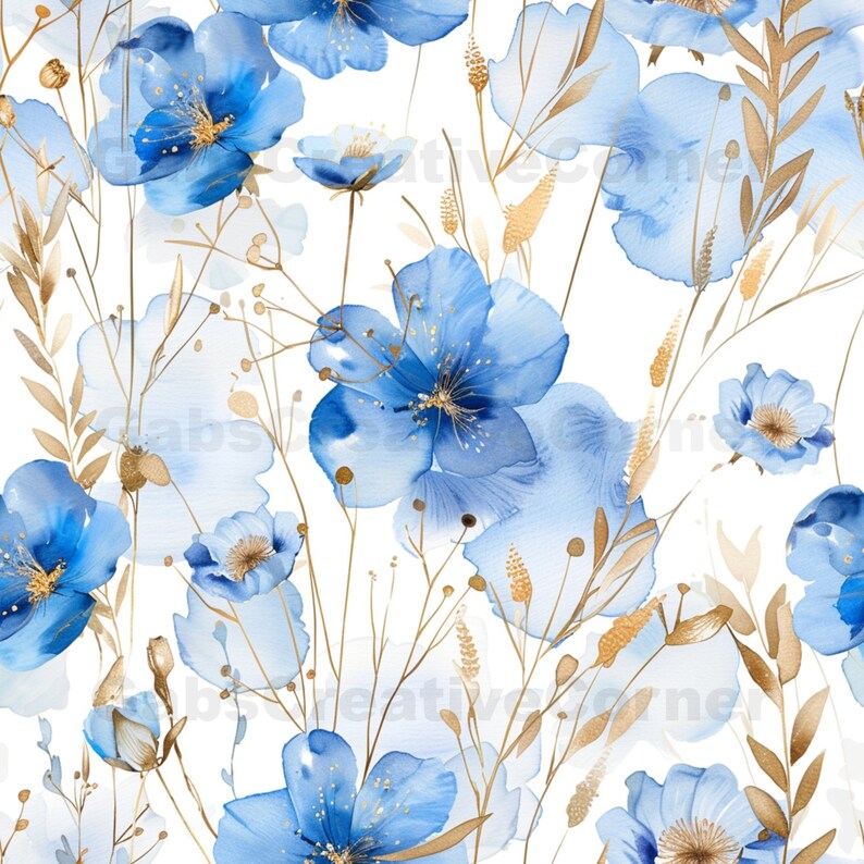 4 Seamless Blue and Gold Flower Pattern Bundle Instant Digital Download ...