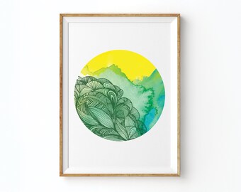 Bright Abstract Watercolour and Line Drawing Digital Print - Etsy