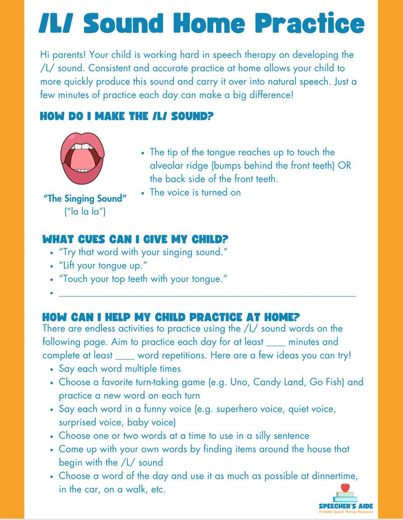 Initial /L/ Sound Home Practice Sheet, Speech Therapy, Articulation ...