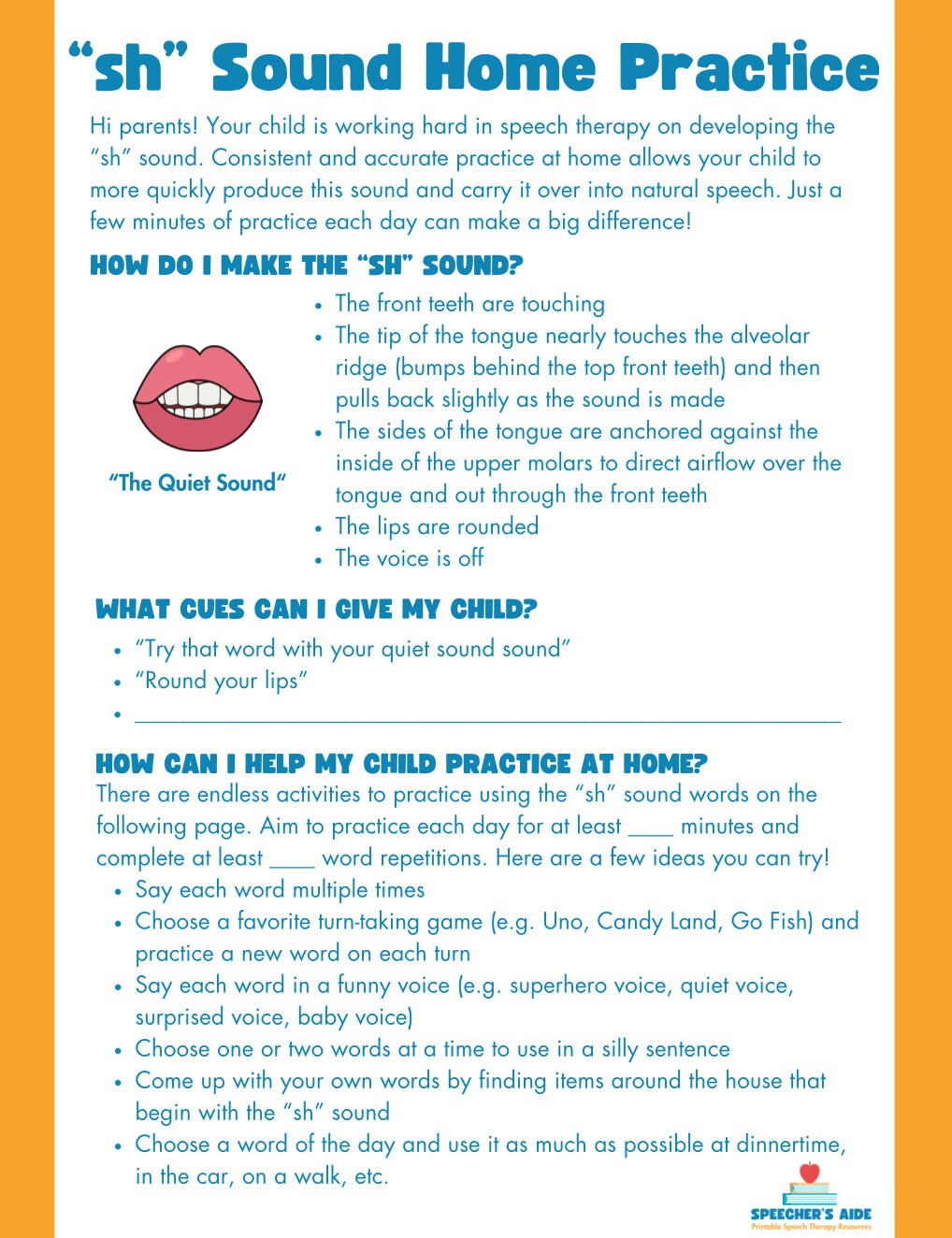 Medial “sh” Sound Home Practice Sheets, Speech Therapy, Articulation ...