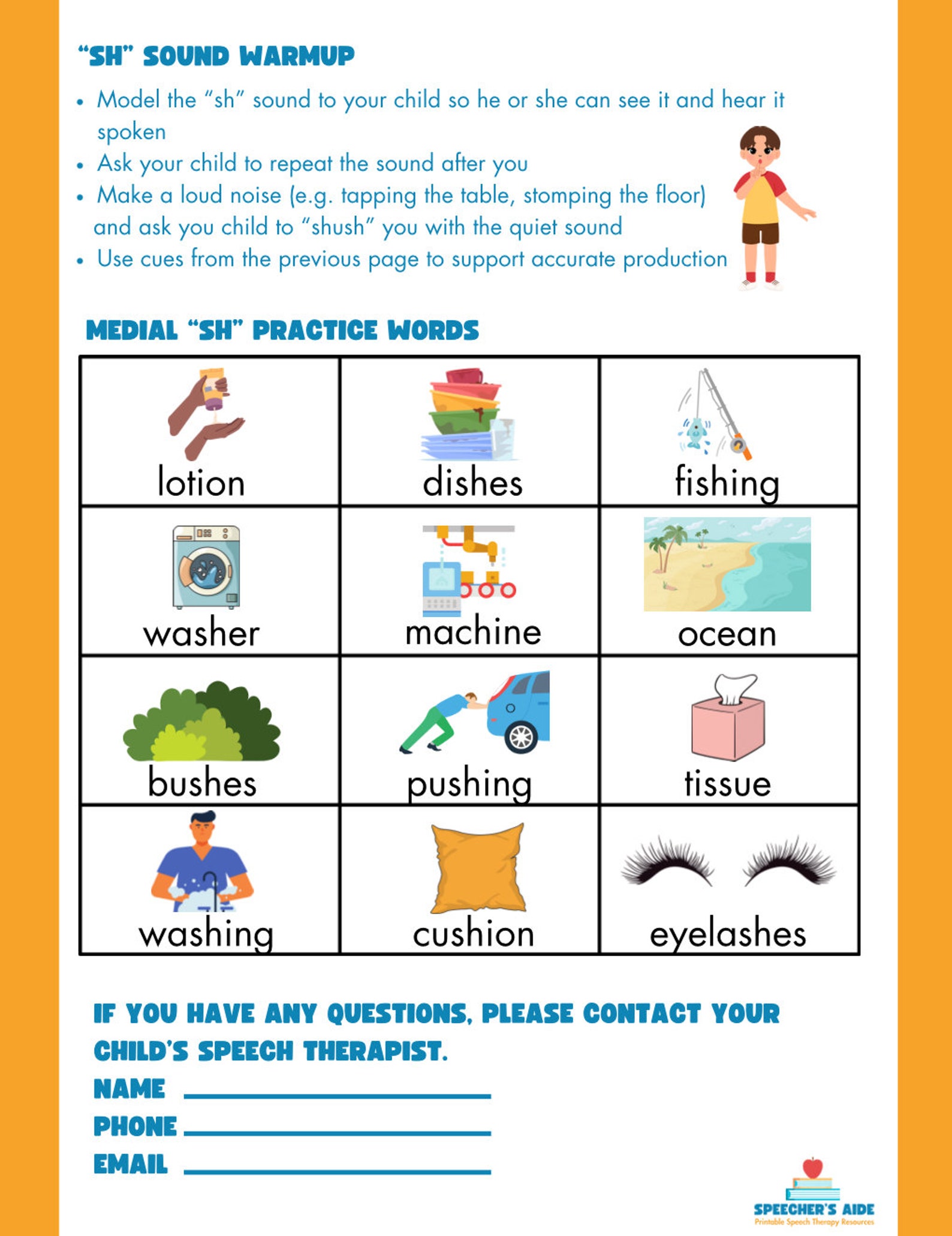 Medial “sh” Sound Home Practice Sheets, Speech Therapy, Articulation ...