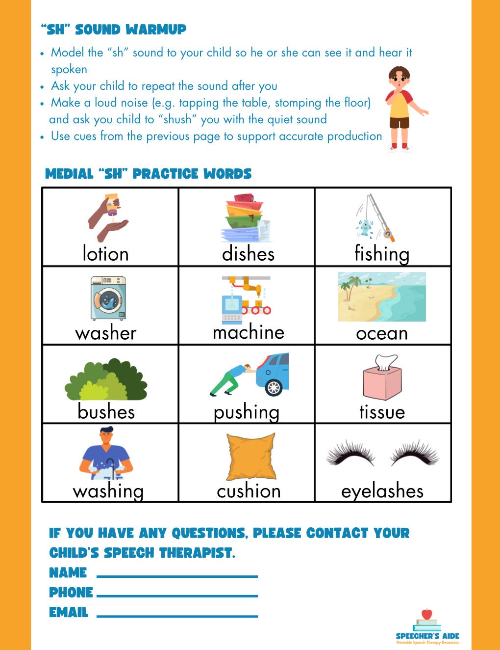 Medial sh Sound Home Practice Sheets, Speech Therapy, Articulation ...