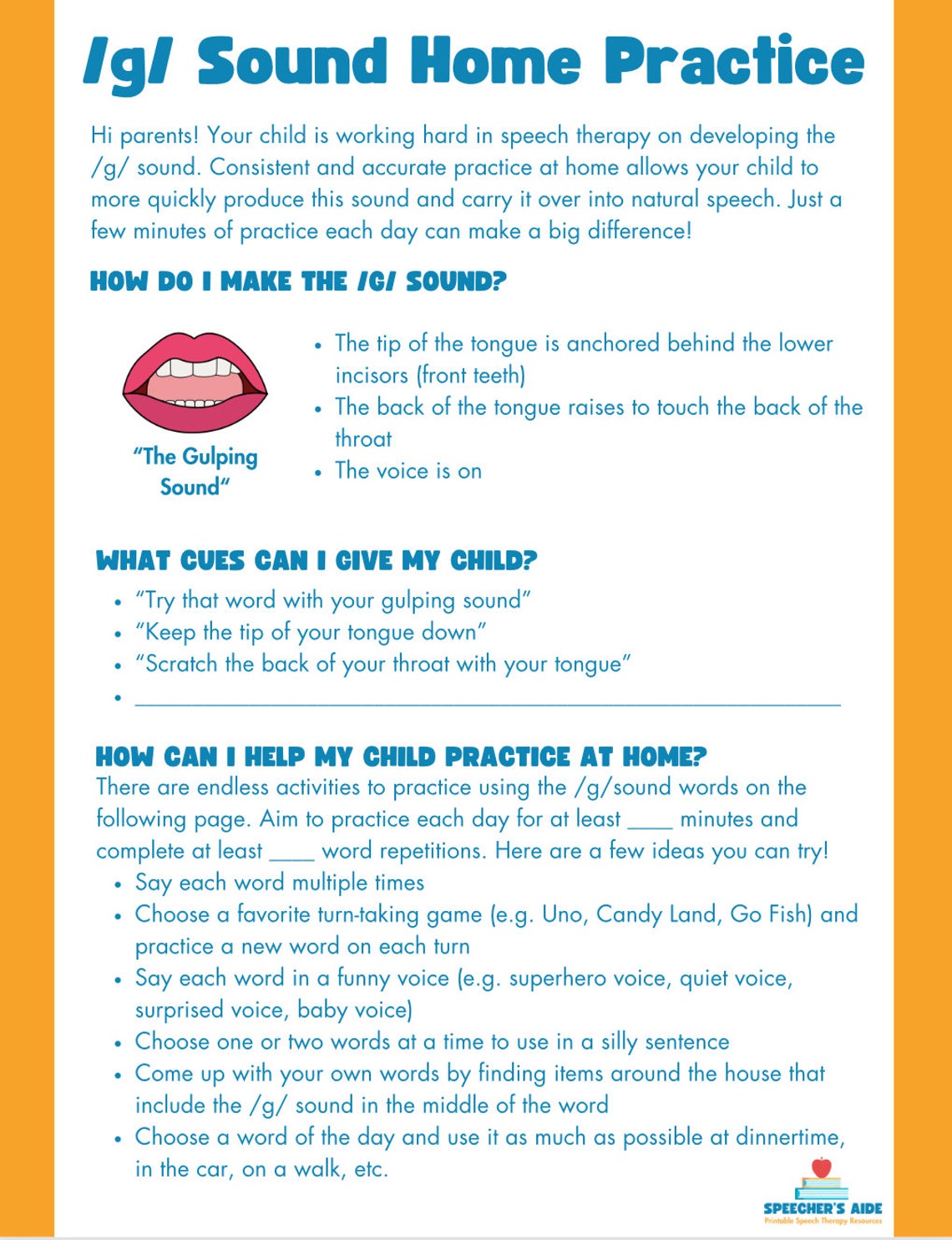 Initial /g/ Sound Home Practice Sheets, Speech Therapy, Articulation ...