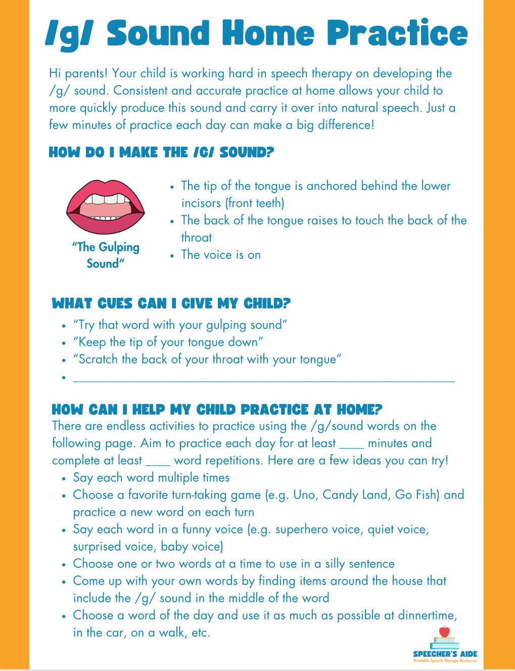 Initial /g/ Sound Home Practice Sheets, Speech Therapy, Articulation ...