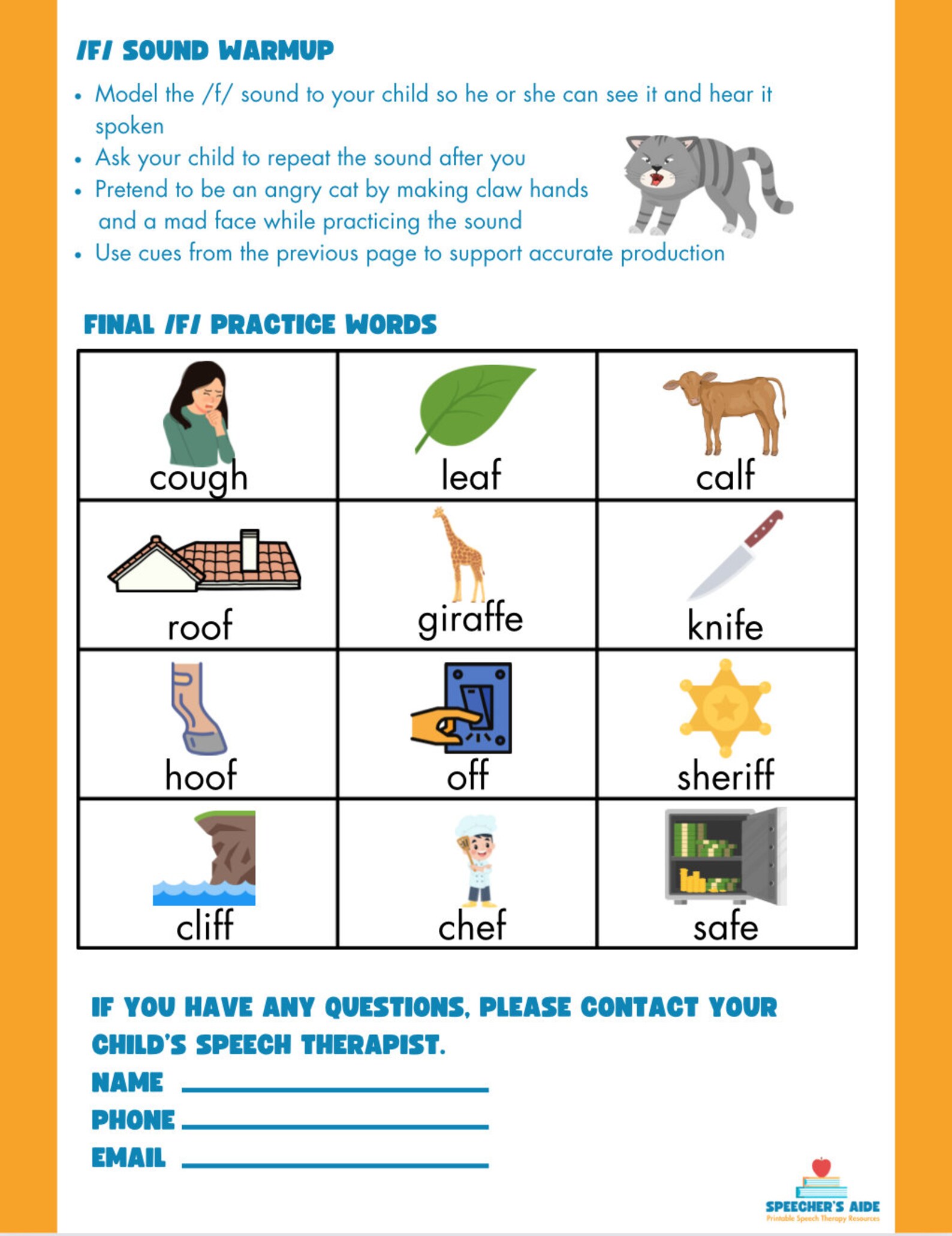 Final /f/ Sound Home Practice Sheets, Speech Therapy, Articulation ...