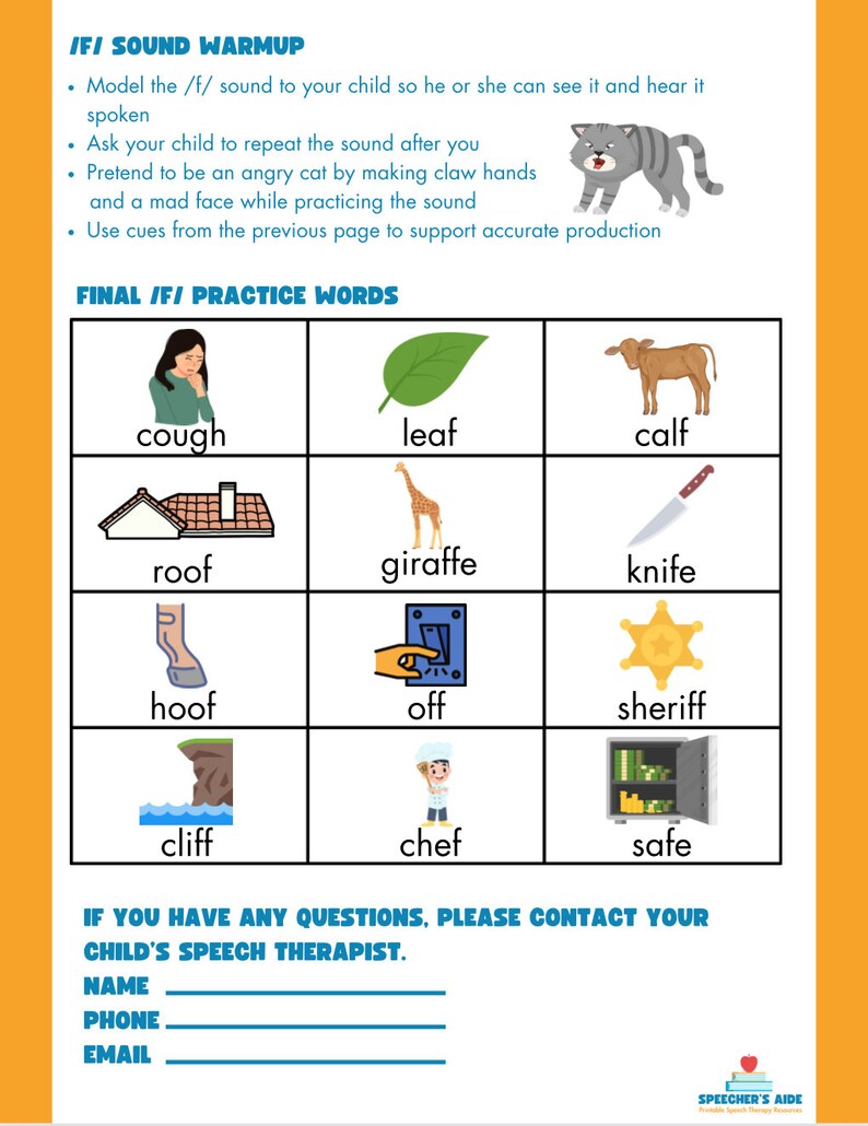 Final /f/ Sound Home Practice Sheets, Speech Therapy, Articulation ...