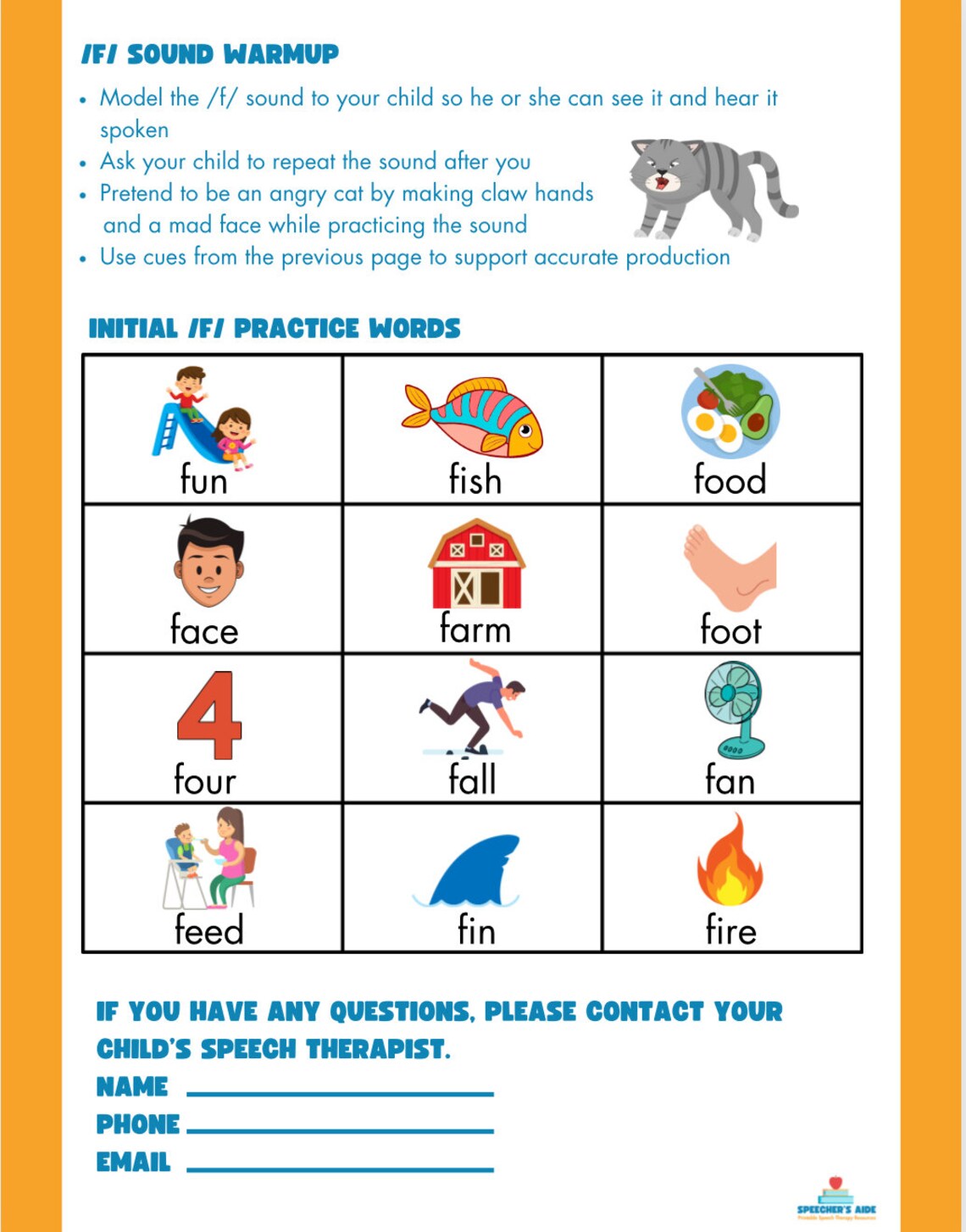 Initial /f/ Sound Home Practice Sheets, Speech Therapy, Articulation ...