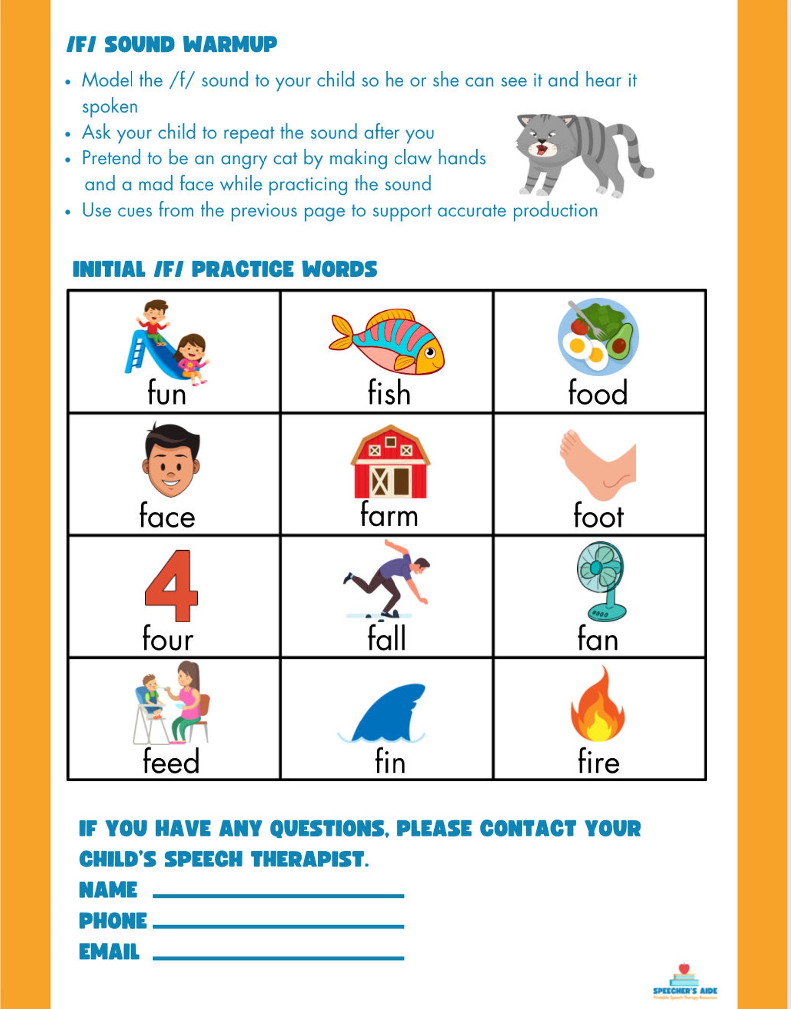 Initial /f/ Sound Home Practice Sheets, Speech Therapy, Articulation ...