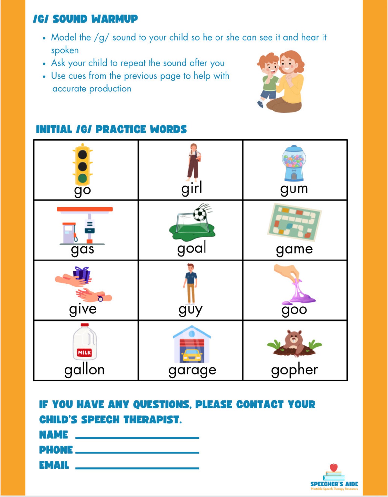 Initial /g/ Sound Home Practice Sheets, Speech Therapy, Articulation ...