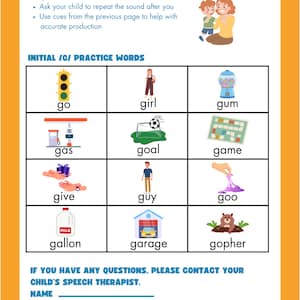 Initial /g/ Sound Home Practice Sheets, Speech Therapy, Articulation ...
