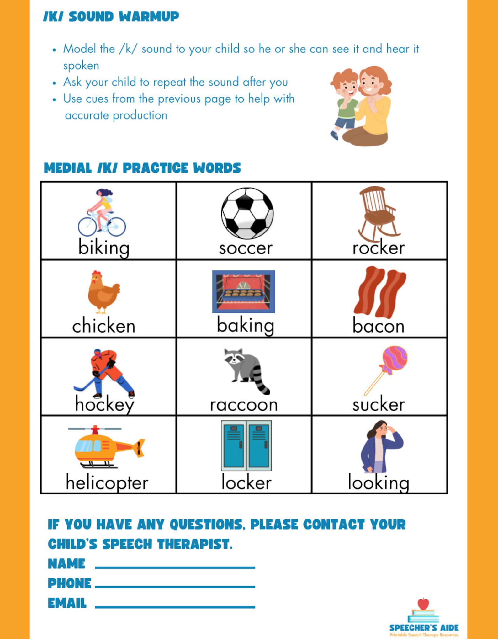 Medial /k/ Sound Home Practice Sheets, Speech Therapy, Articulation ...