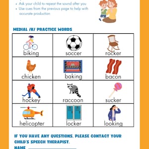 Medial /k/ Sound Home Practice Sheets, Speech Therapy, Articulation ...