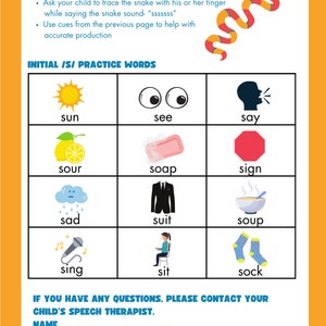 Initial /s/ Sound Home Practice Sheets, Speech Therapy, Articulation ...