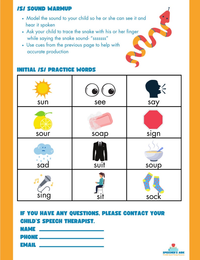 Initial /s/ Sound Home Practice Sheets, Speech Therapy, Articulation ...