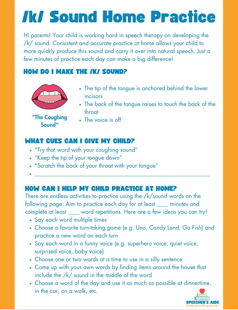 Initial /k/ Sound Home Practice Sheets, Speech Therapy, Articulation ...