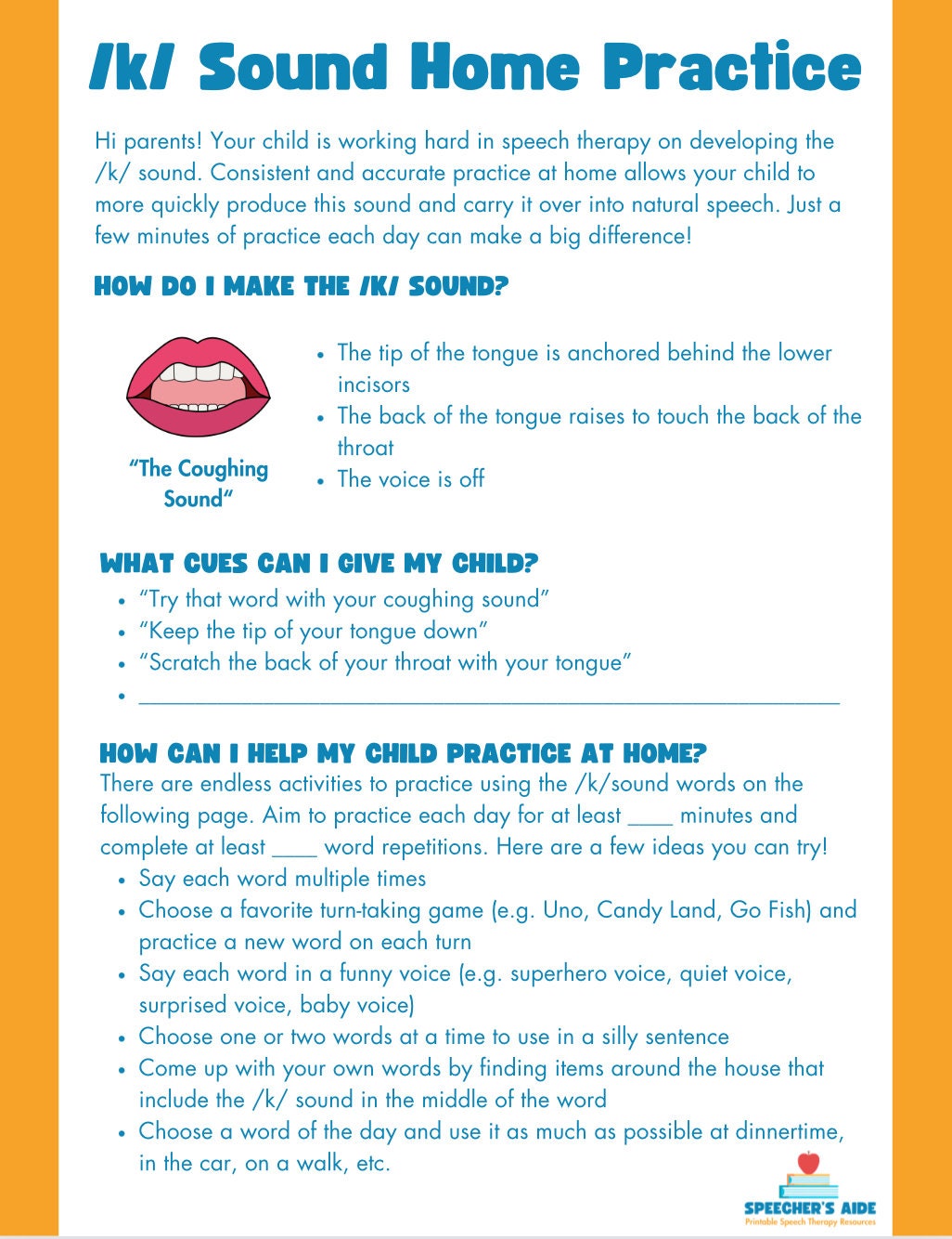 Initial /k/ Sound Home Practice Sheets, Speech Therapy, Articulation ...