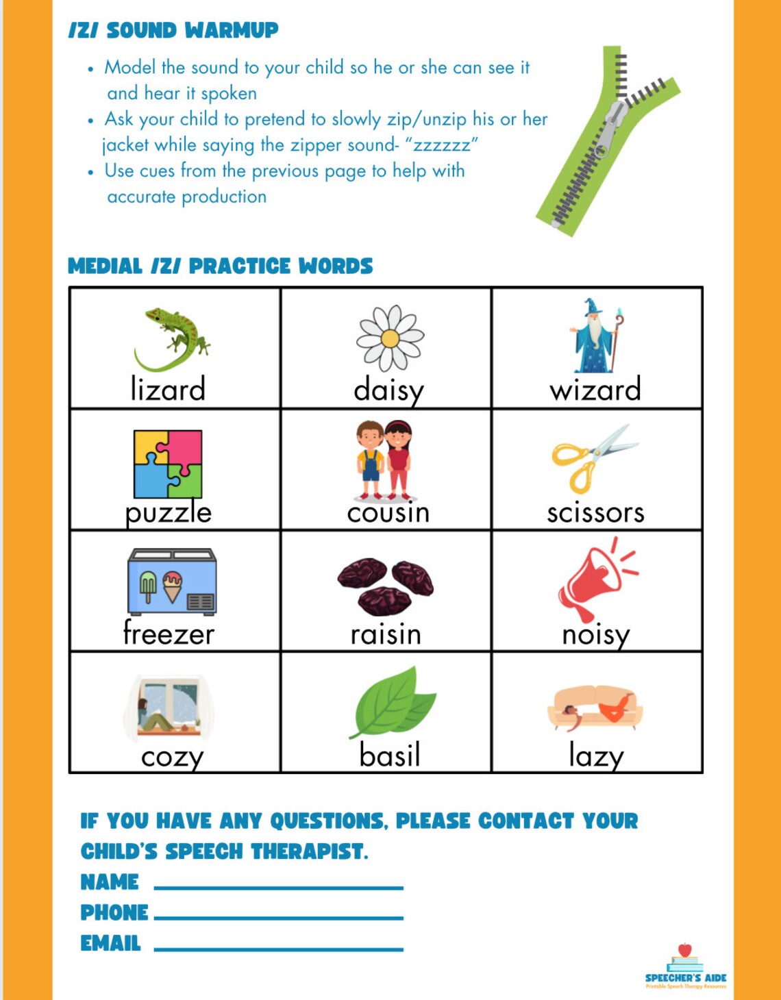 Medial /z/ Sound Home Practice Sheets, Speech Therapy, Articulation ...