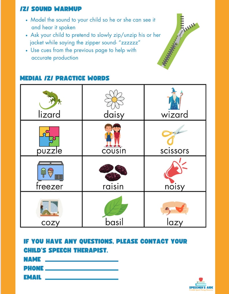 Medial /z/ Sound Home Practice Sheets, Speech Therapy, Articulation ...