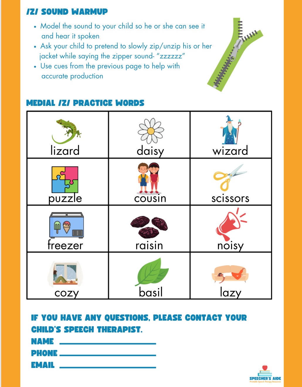Medial /z/ Sound Home Practice Sheets, Speech Therapy, Articulation ...