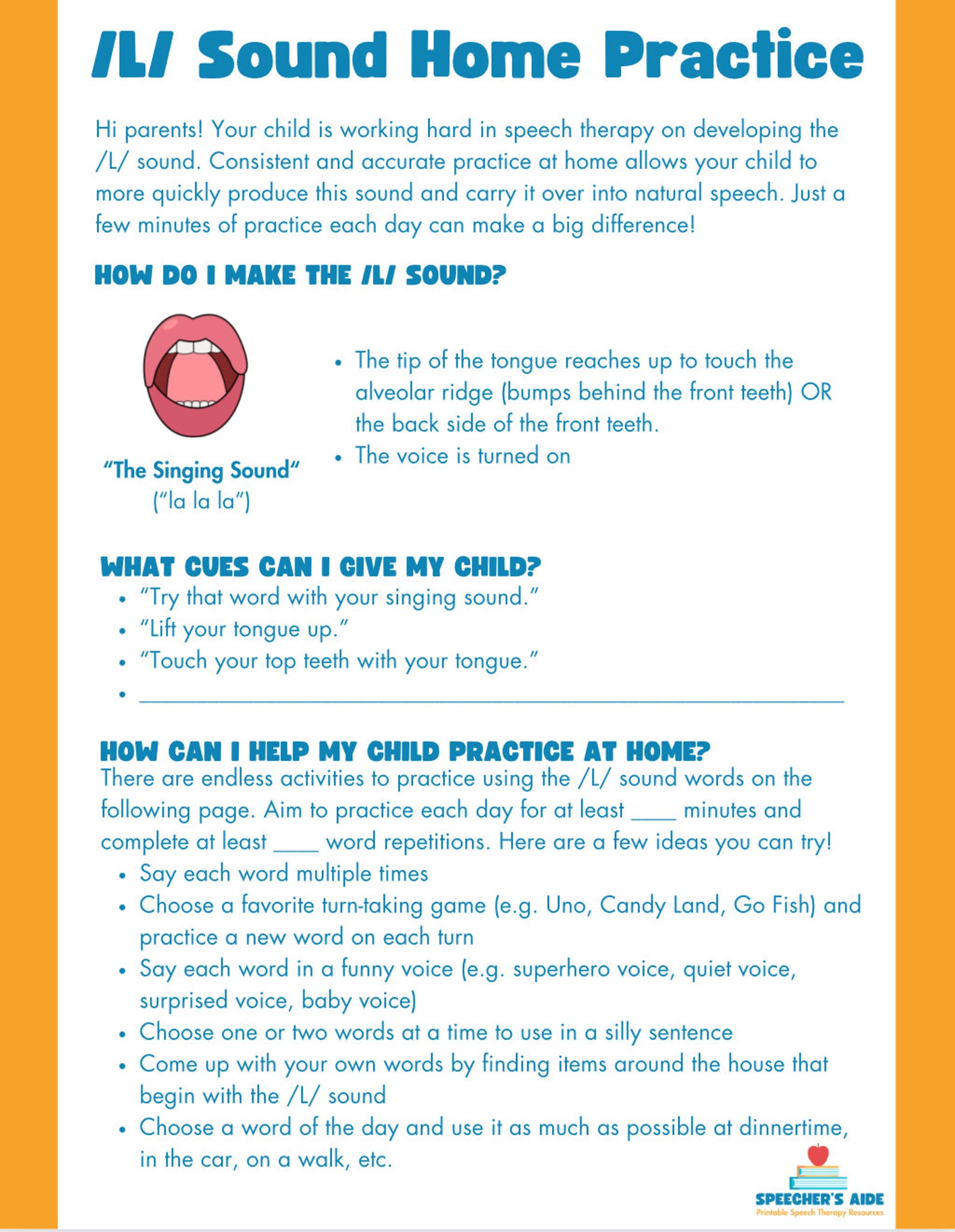 Final /L/ Sound Home Practice Sheets, Speech Therapy, Articulation ...