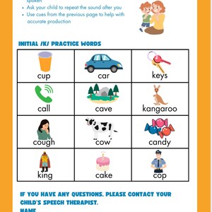 Initial /k/ Sound Home Practice Sheets, Speech Therapy, Articulation ...