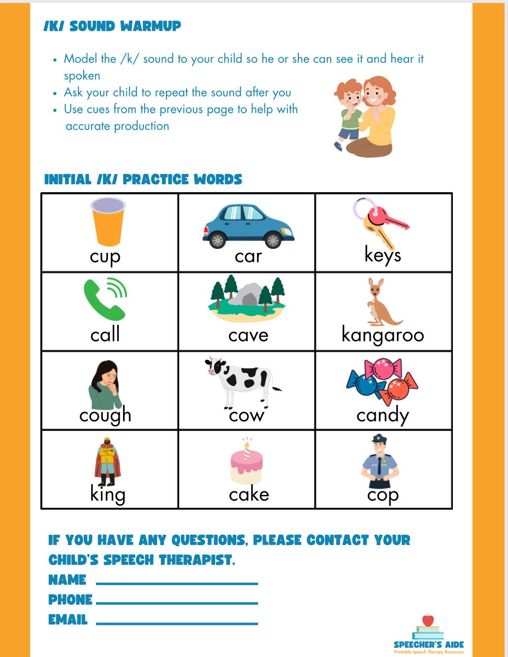 Initial /k/ Sound Home Practice Sheets, Speech Therapy, Articulation ...