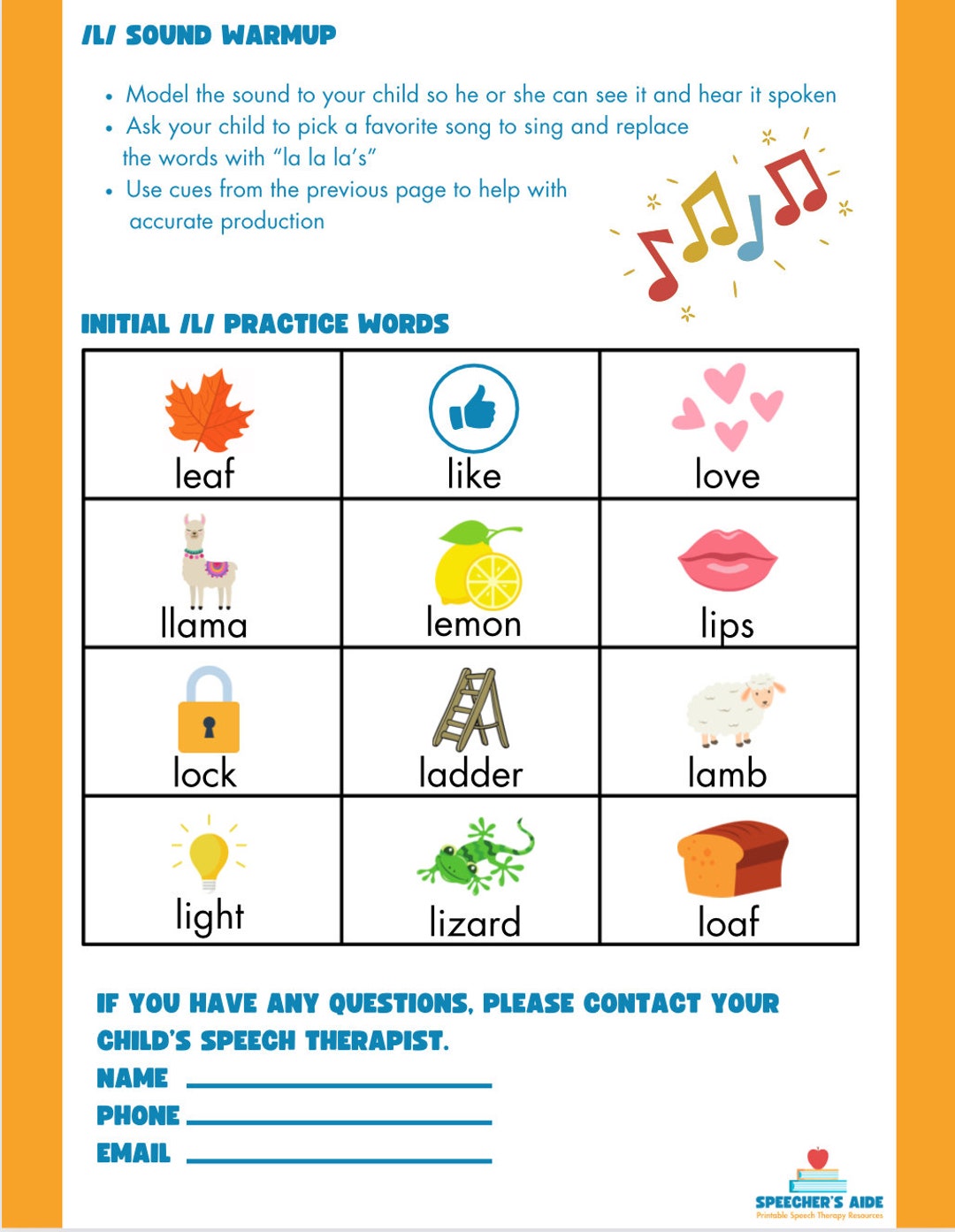 Initial /L/ Sound Home Practice Sheet, Speech Therapy, Articulation ...
