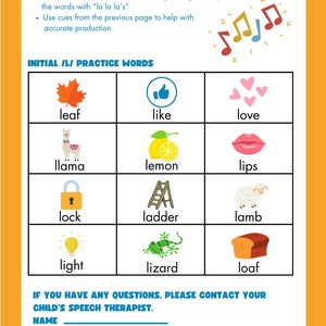 Initial /L/ Sound Home Practice Sheet, Speech Therapy, Articulation ...
