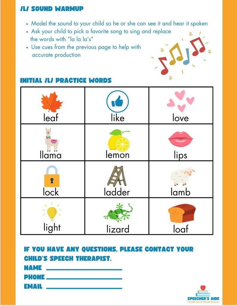 Initial /L/ Sound Home Practice Sheet, Speech Therapy, Articulation ...