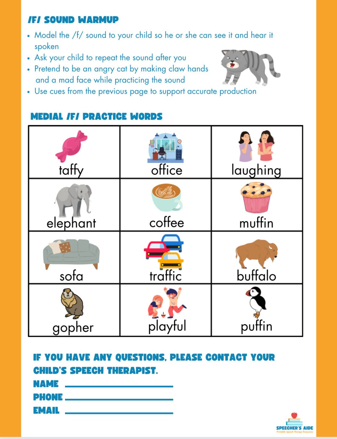 Medial /f/ Sound Home Practice Sheets, Speech Therapy, Articulation ...